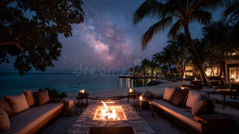 Tropical Beach Night Scene with Milky Way and Fire Pit Stock ...