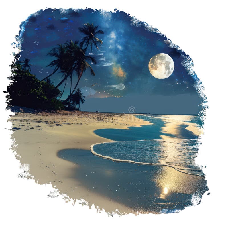 Tropical Beach Night Scene with Moonlight Reflection Stock Image ...