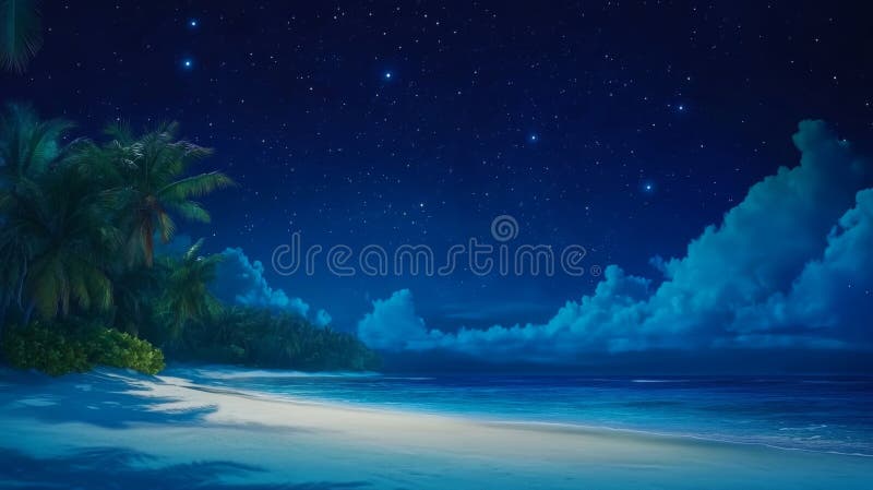 Tropical Beach Night Scene Under Starlit Sky Stock Illustration ...
