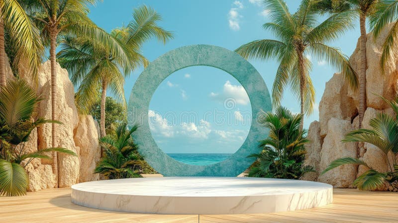 Tropical Beach Oasis with Circular Sculpture and Palm Trees Under Clear ...