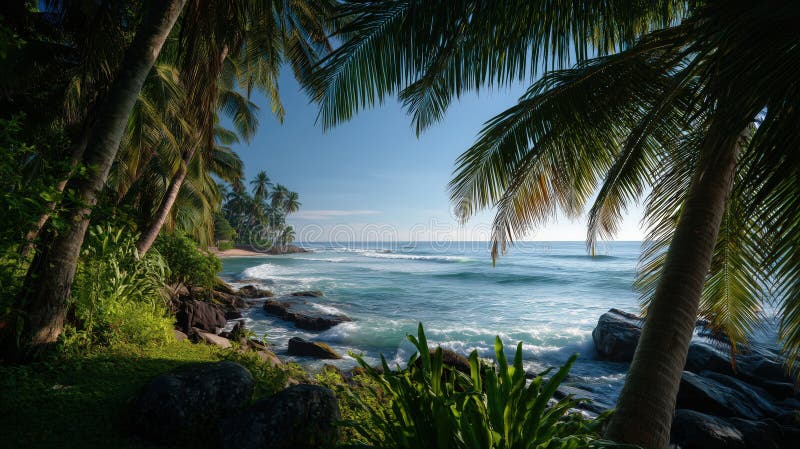 Tropical Beach Ocean View with Lush Greenery Stock Illustration ...