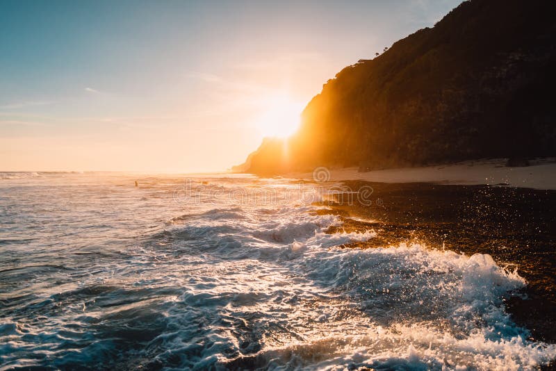 Tropical Beach with Ocean, Waves and Sunshine Stock Photo - Image of ...