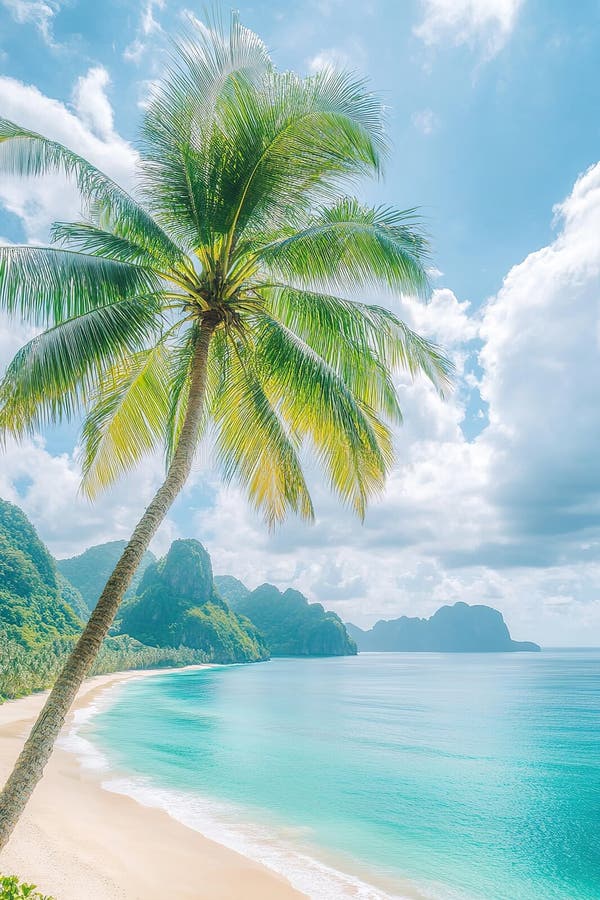 Tropical Beach with Palm Tree and Turquoise Sea Under Clear Blue Sky ...