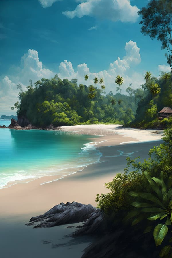 Tropical Beach with Palm Trees and Blue Sky, 3d Render Stock ...