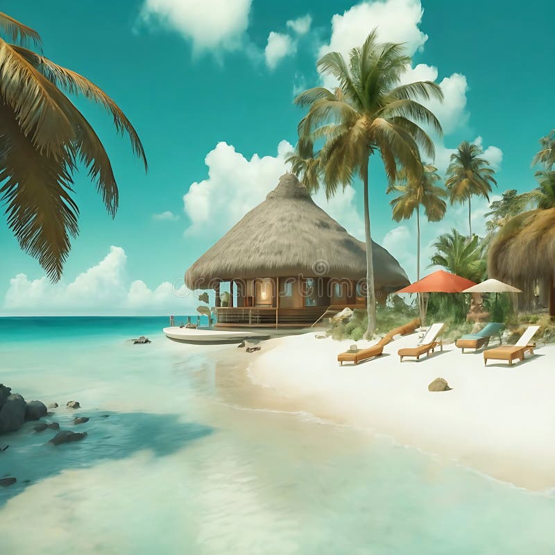 Tropical Beach with Palm Trees and Bungalows. 3d Render Stock ...