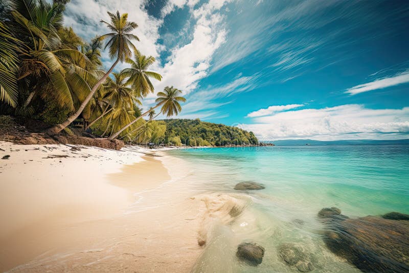 Tropical Beach with Palm Trees and Clear Blue Waters Stock Photo ...