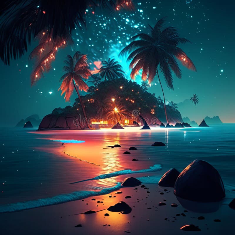 Tropical Beach with Palm Trees at Night. Vector Illustration Stock ...