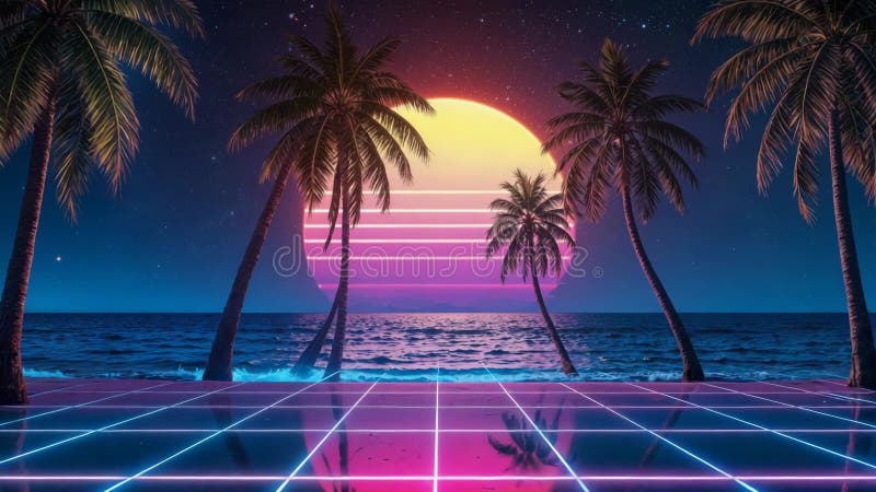 Synthwave Palms Reflecting on Neon Grid at Sunset. Stock Video - Video ...