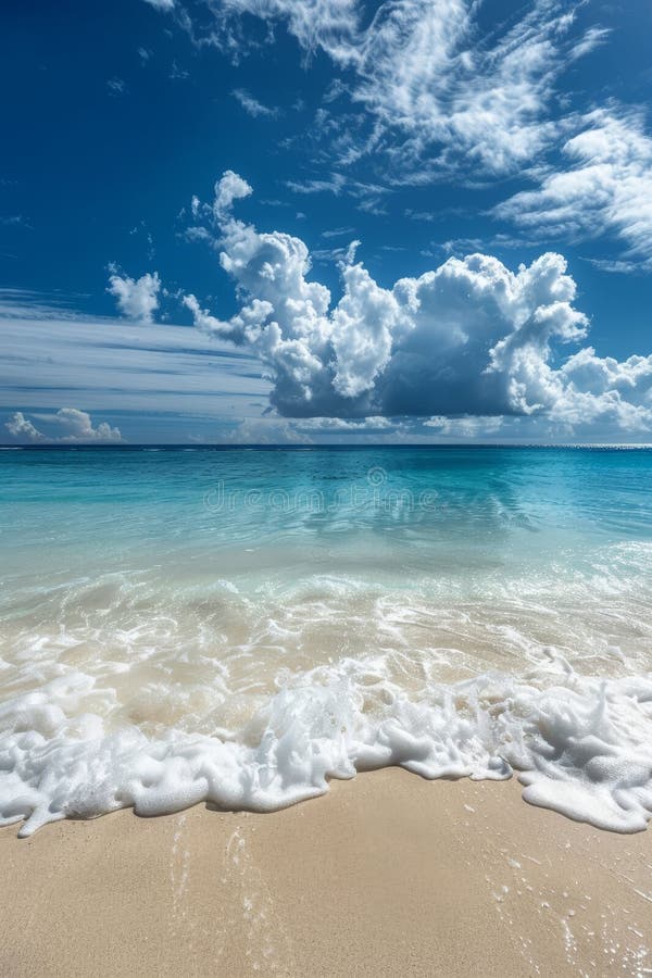 Tropical Beach Paradise with Clear Blue Water and Fluffy Clouds Stock ...