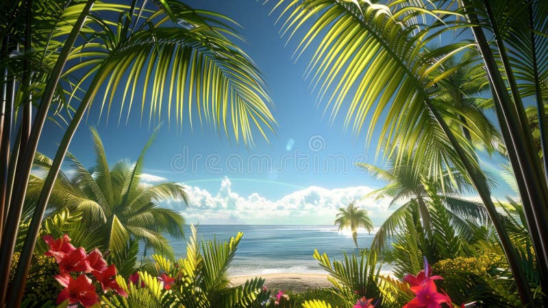 Tropical Beach Paradise with Lush Greenery and Blue Sky. Stock Image ...