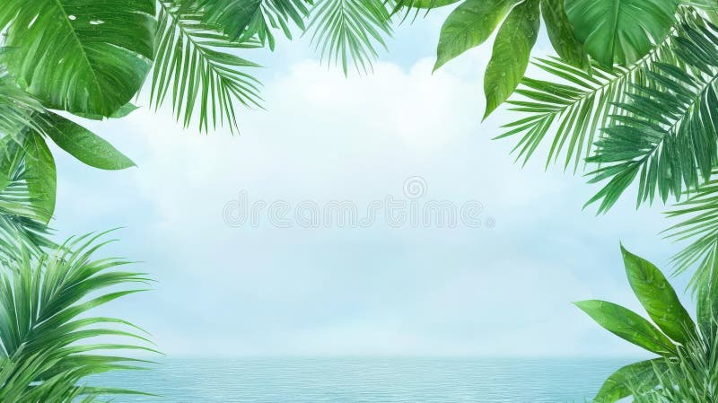 Tropical Beach Paradise, Lush Leaves Frame a Stunning Blue Sky Backdrop ...