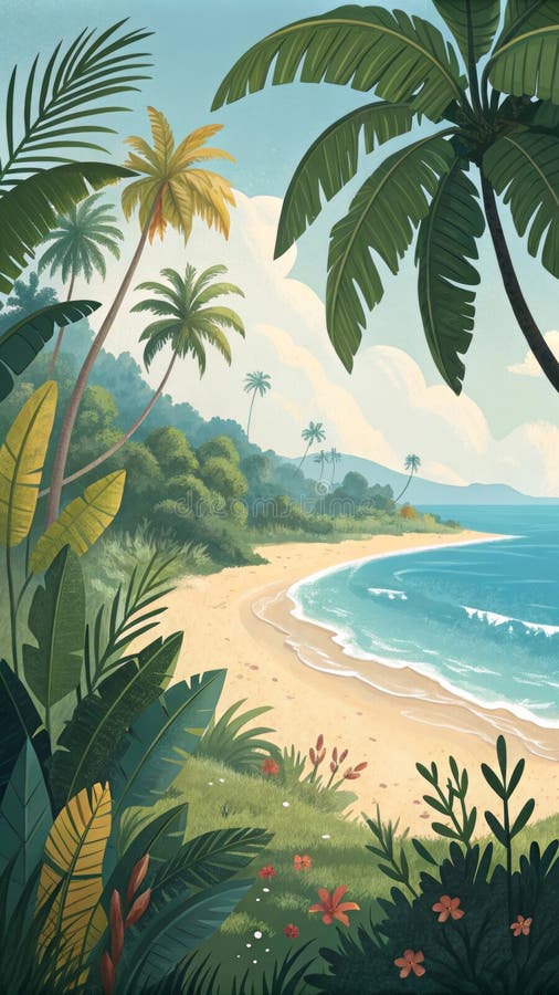 Tropical Beach Paradise with Lush Palm Trees and Serene Ocean Waves ...
