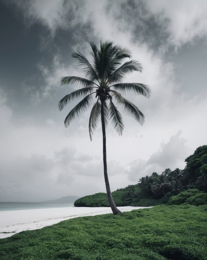 Tropical Beach Paradise with Palm Tree and Lush Green Landscape. Stock ...