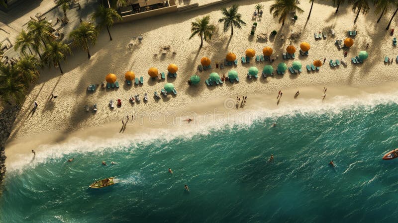 A Tropical Beach Paradise Scene Featuring Umbrellas and Palm Trees ...