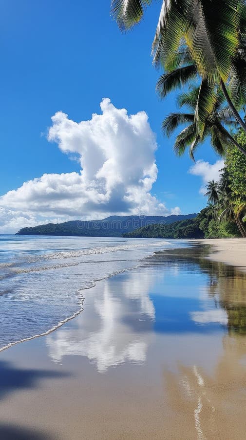 Tropical Beach Paradise, Serene Waves and Clouds Stock Illustration - Illustration of holiday ...