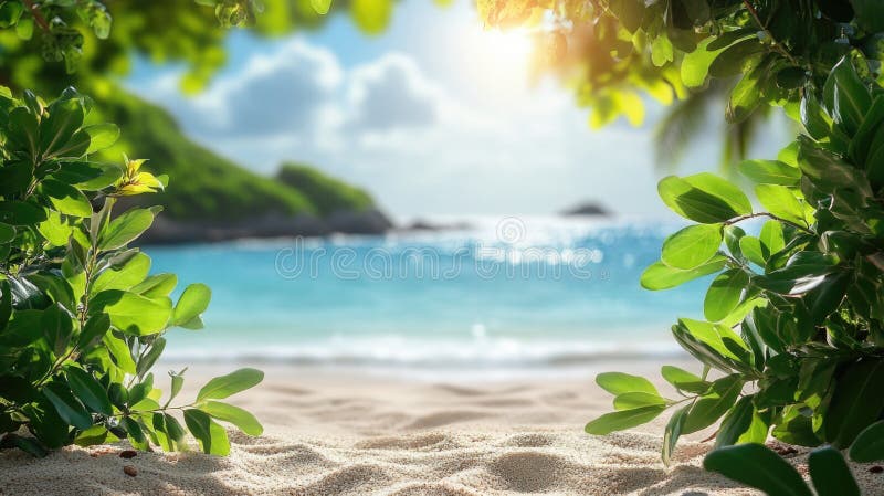 Tropical Beach Paradise with Sunlit Ocean, Lush Greenery, and Sandy ...