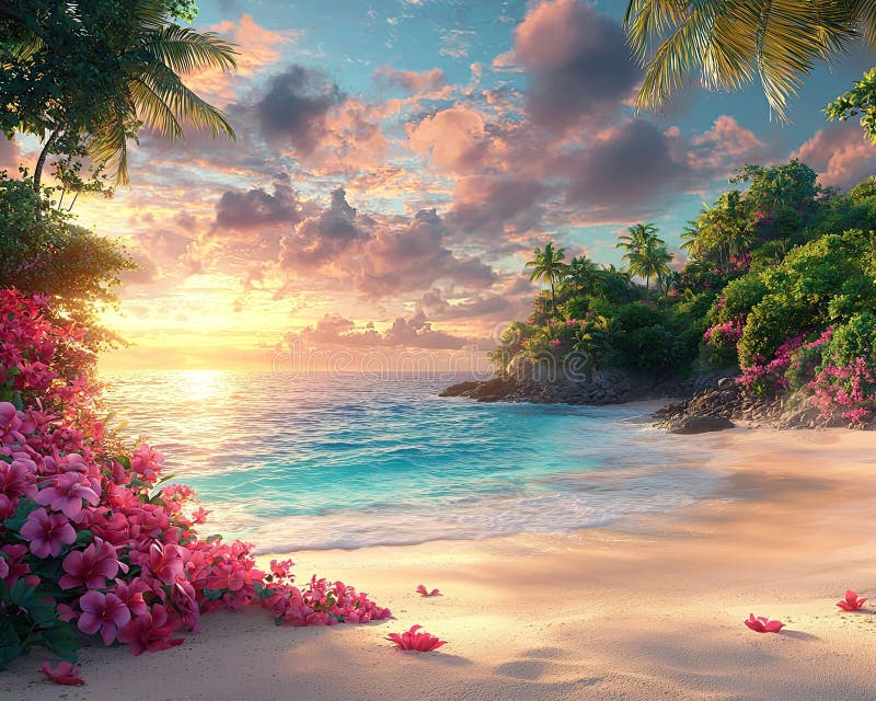 Tropical Beach Paradise at Sunset with Vibrant Colors. Stock ...