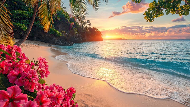 Tropical Beach Paradise at Sunset with Vibrant Colors. Stock Illustration - Illustration of ...