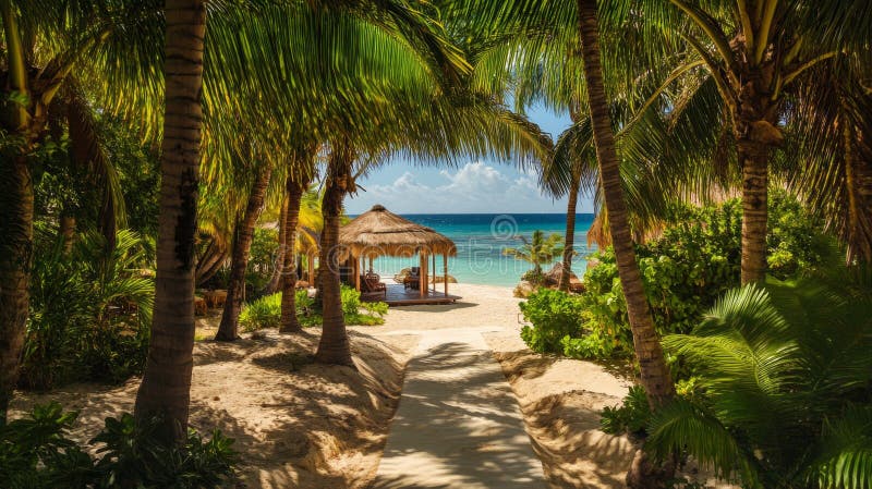 Tropical Beach Path Leading To Thatched Hut Under Palm Trees Stock ...