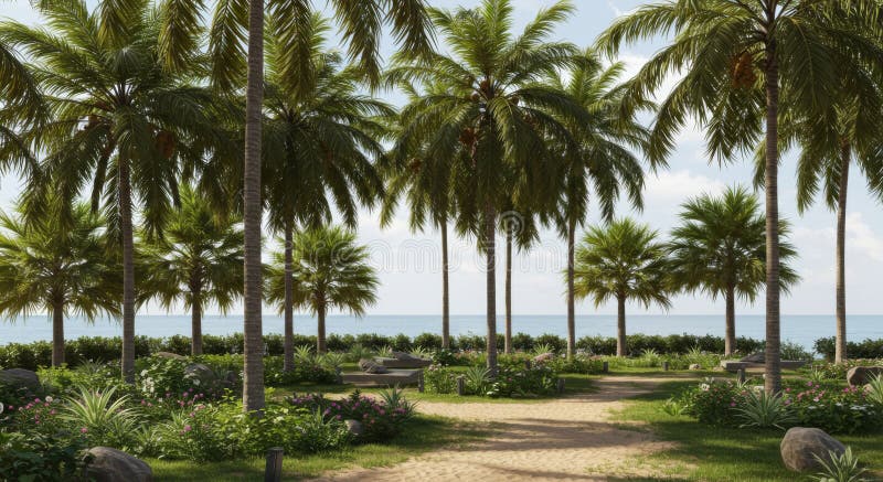 Tropical Beach Path with Lush Palm Trees and Ocean View Stock ...
