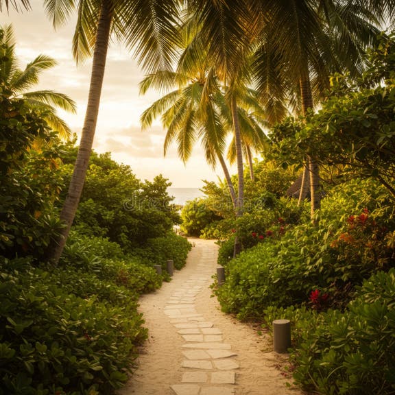 Tropical Beach Path at Sunset Stock Illustration - Illustration of ...