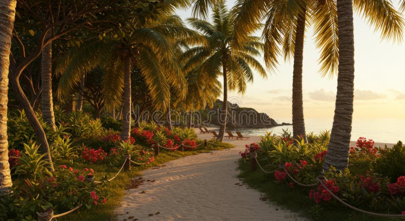 Tropical Beach Path at Sunset Stock Illustration - Illustration of ...