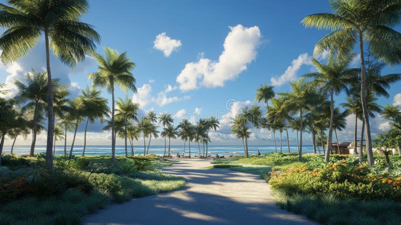 Tropical Beach Pathway with Lush Greenery and Blue Ocean Stock ...