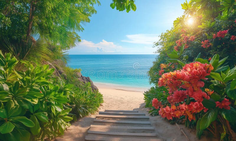 Tropical Beach Pathway with Vibrant Flowers and Serene Ocean View Stock ...