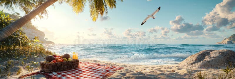 Tropical Beach Picnic with Fruits and Ocean View Stock Image - Image of ...