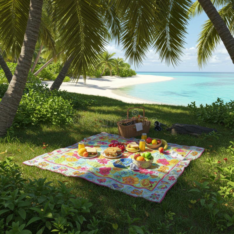 Tropical Beach Picnic Under Palm Trees Stock Illustration ...