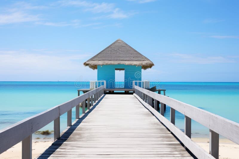 Tropical Beach Pier with a Hut at the End Minimalist Ocean View ...