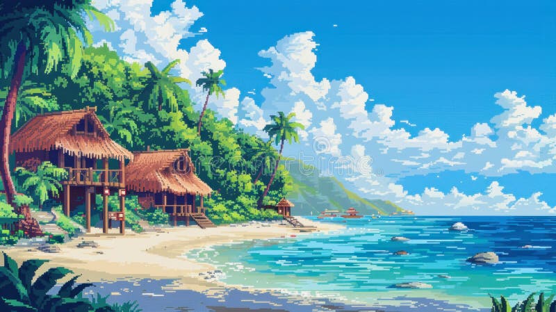 Tropical Beach in Pixel Art Style with Blue Cloudy Sky Stock Image ...