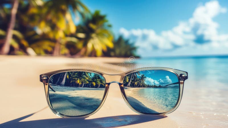 Tropical Beach Reflection in Sunglasses on Sandy Shore. Fly Aesthetic ...