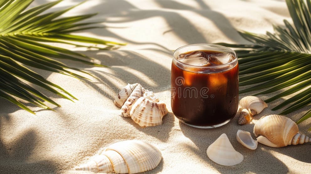 Tropical Beach Refreshment: Iced Drink and Seashells on Sandy Shore ...