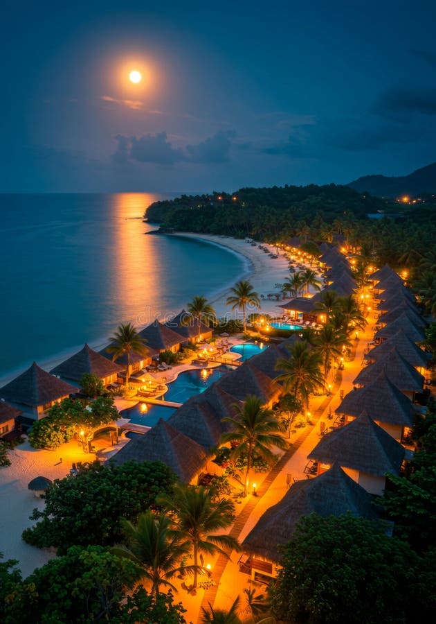 Tropical Beach Resort Night Under Full Moon Stock Photos - Free ...