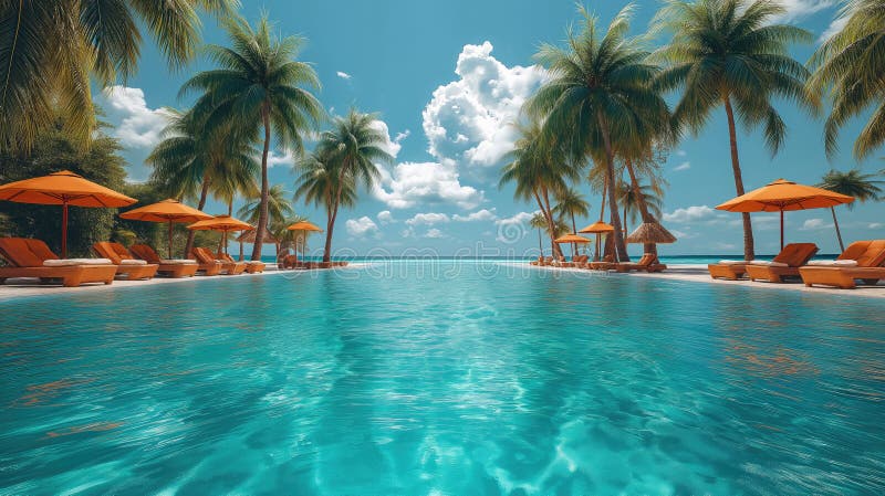 Tropical Beach Resort with Palm Trees and Infinity Pool Under Blue Sky ...