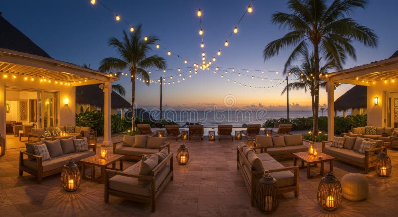 Tropical Beach Resort Sunset Patio with String Lights Stock ...