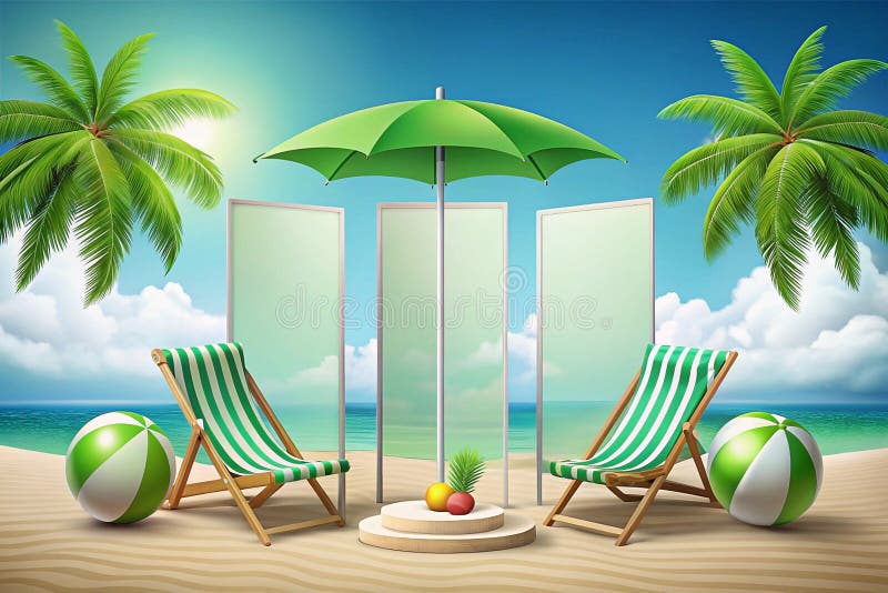 Tropical Beach Scene with Blank Display, Chairs, and Beach Balls Summer ...
