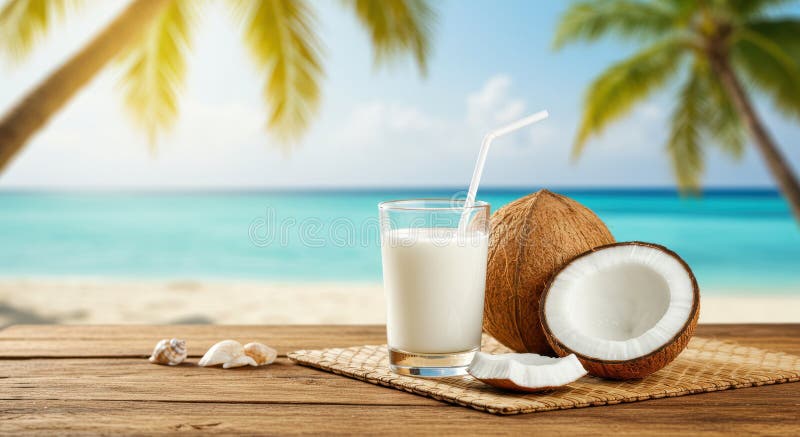 Tropical Beach Scene with Coconut Drink and Ocean View Stock Image ...