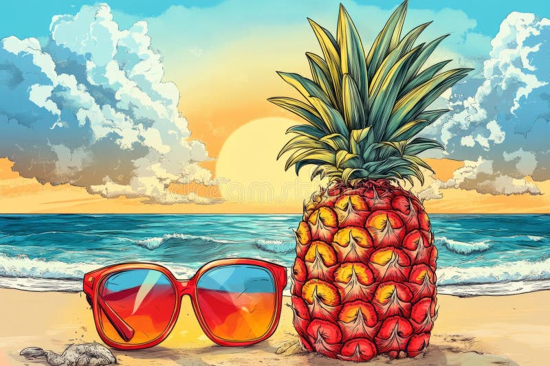 Tropical Beach Scene Featuring Pineapple Sunglasses Sunset Stock Photos ...