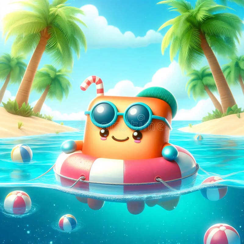 Tropical Beach Scene with Floating Platform and Palm Trees Stock ...