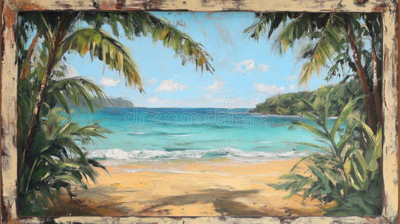 Tropical Beach Scene Framed in Rustic Wood Stock Illustration ...
