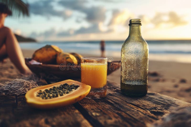 Tropical Beach Scene with Fresh Papaya Juice at Sunset Stock Image ...