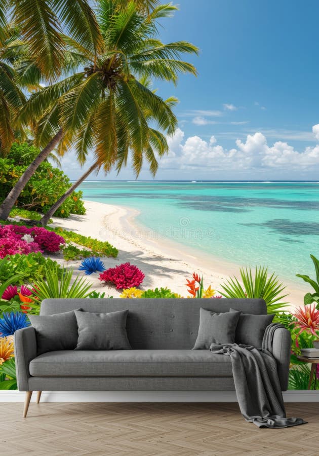 Tropical Beach Scene with Gray Sofa and Vibrant Flowers Stock ...