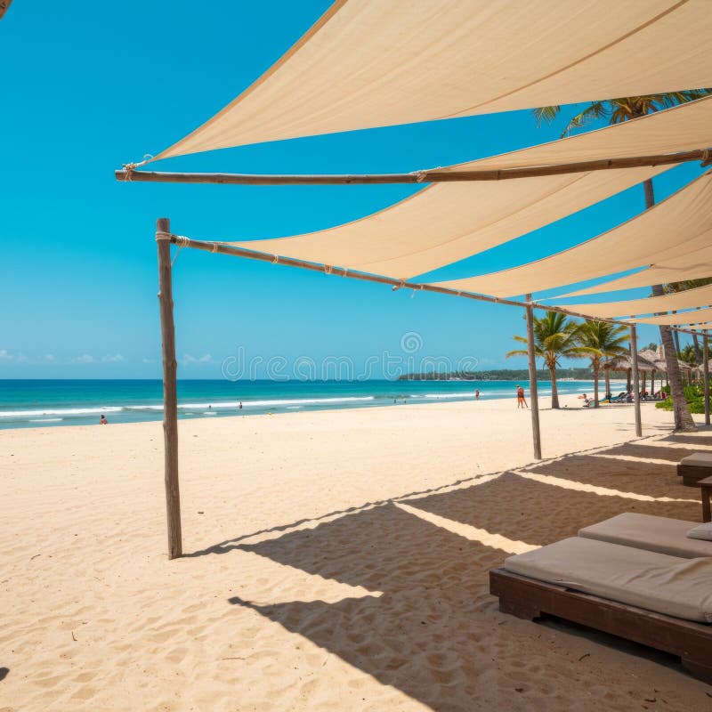 Tropical Beach Scene with Loungers Under Shade Canopy Stock ...
