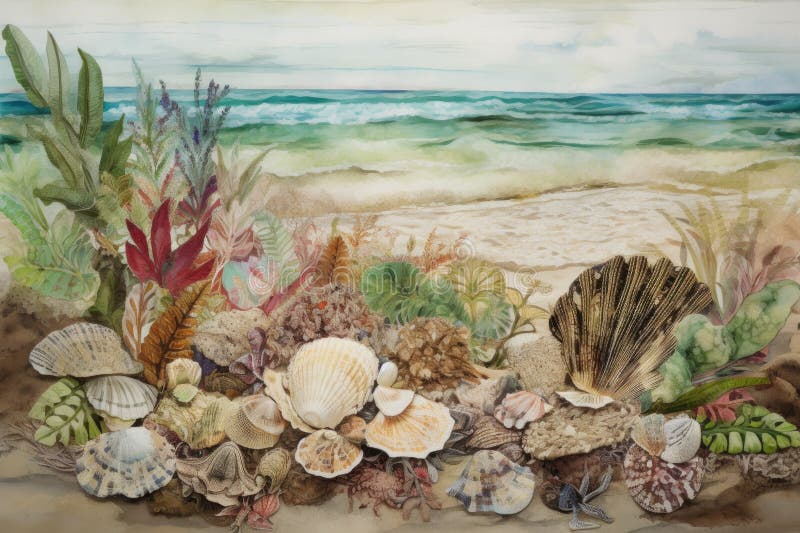 Tropical Beach Scene with Mixed Media Collage of Shells and Tropical ...