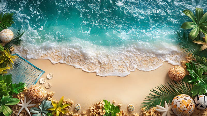 Tropical Beach Scene with Ocean Waves, Sand, Shells, and Lush Foliage ...