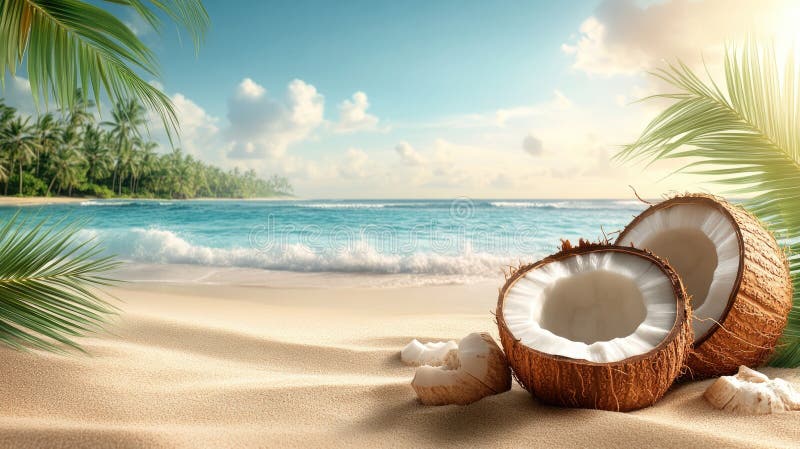 Tropical Beach Scene with Open Coconuts on Sandy Shore and Palm Trees Stock Photo - Image of ...
