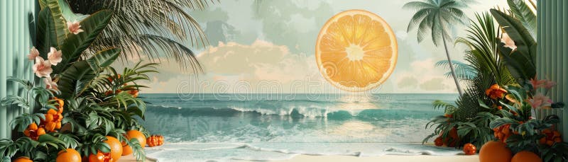 Tropical Beach Scene with an Orange Sun and Lush Foliage Stock ...