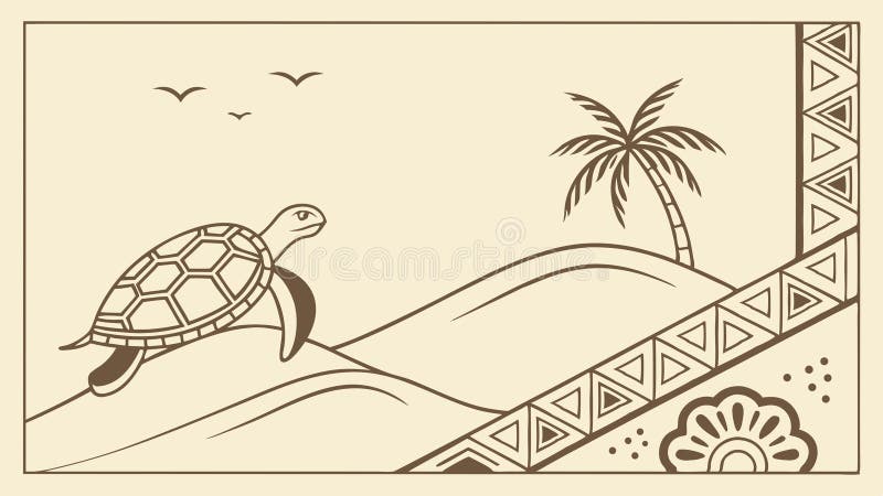 Tropical Beach Scene with Palm Tree and Turtle Vector, Vector Design ...
